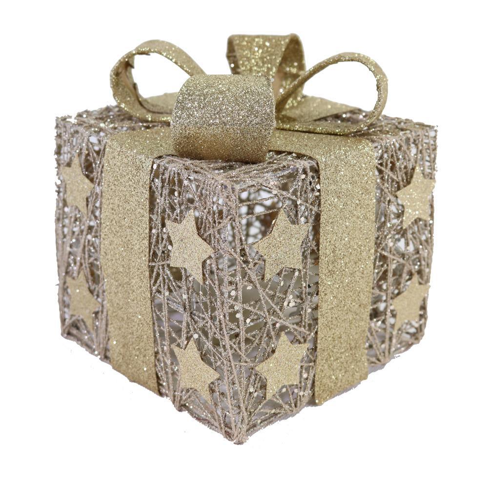 Christmas Gold Glittery Light Up Gift Box 20 cm (20 lamps)